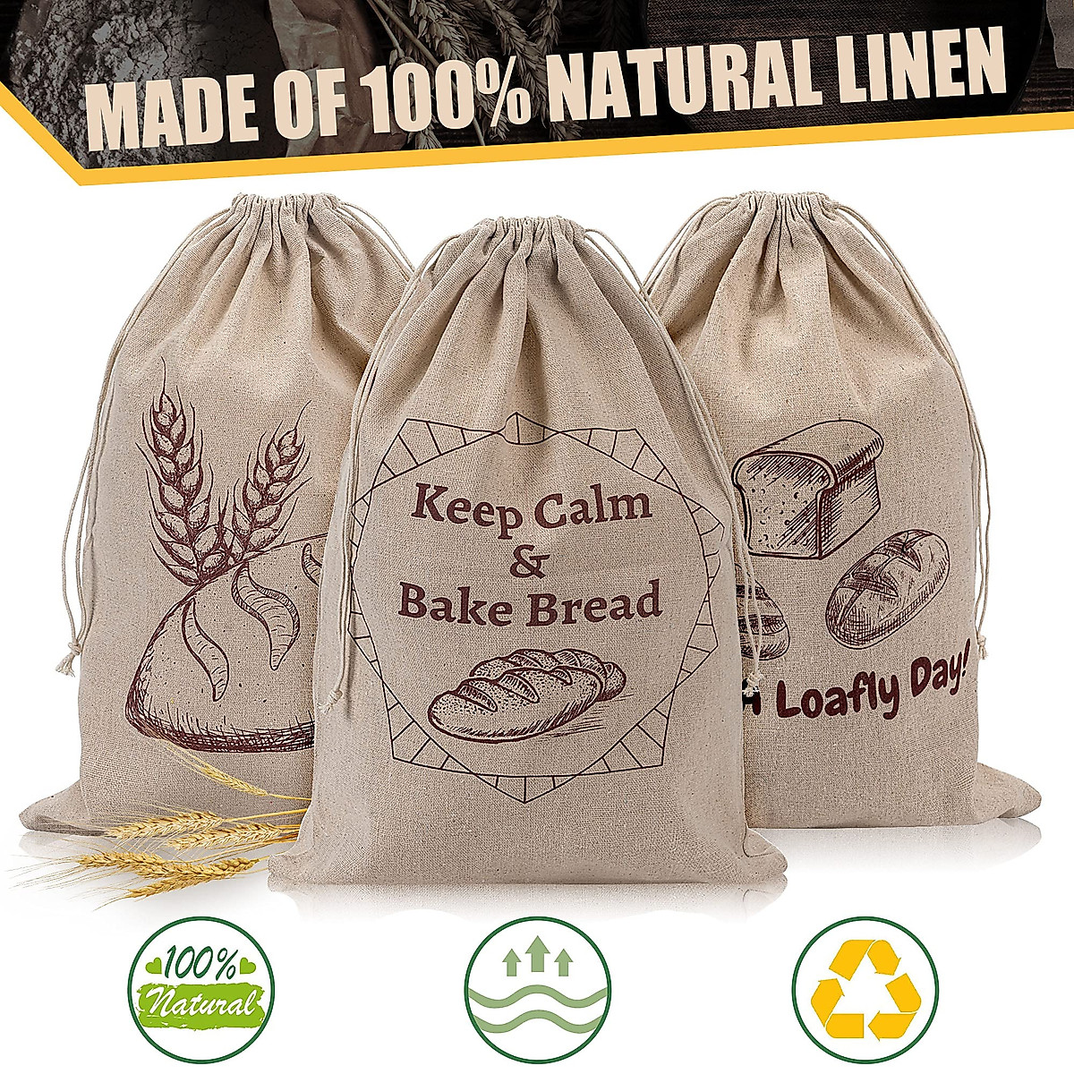 Linen Bread Bags for Loaf Storage, Bags for Homemade Breads, Pack of 3 Reusable Linen Bags for Sourdough, Natural Storage for Artisan Breads, Gift for Bread Makers, Bakers, Housewarming, Wedding Gifts