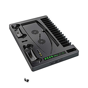 Vertical Stand for Playstation 5 with 2 Cooling Fan, 2 Charging Station for PS5 Digital/CD-ROM Edition Console with 15 Game Storage, 1 Pulse 3D Headset Holder, 1 Media Remote Storage (Black)