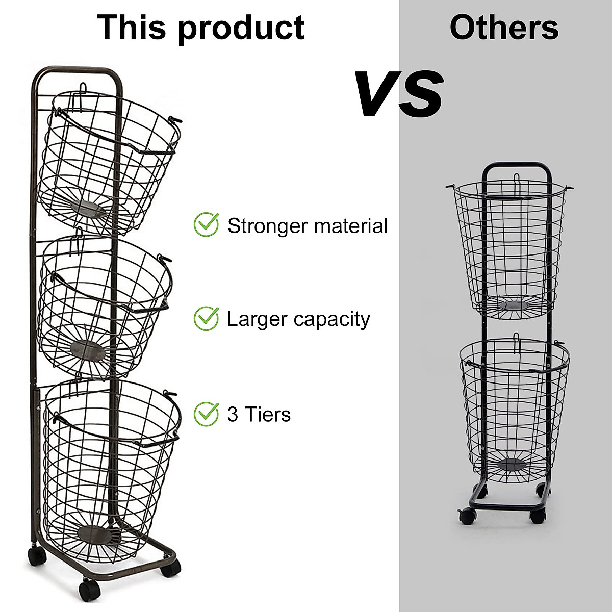 Ganggend 3-Tier Laundry Basket with Lockable Wheels, Wire Laundry Hamper with Rubber Handle Laundry Cart Storage Rolling Hamper for Organizing Clothes