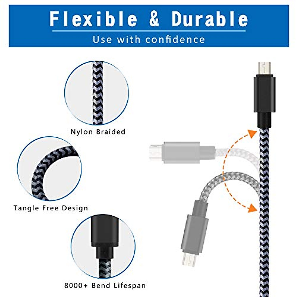 Android Charger Cable, HI-CABLE Micro USB Cable [2 Pack/6FT] with 2-Pack Dual Port USB Wall Charger Fast Charging Compatible with Samsung Galaxy S7 S6 J8 J7 Note 5,Kindle,LG,PS4,Camera (Black)