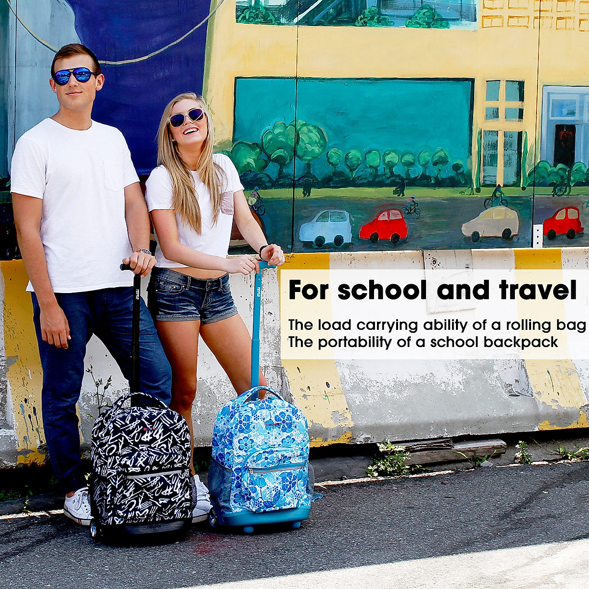 J World New York Sunrise Kids Rolling Backpack for Girls Boys Teen. Roller Bookbag with Wheels, Cubes, 18"