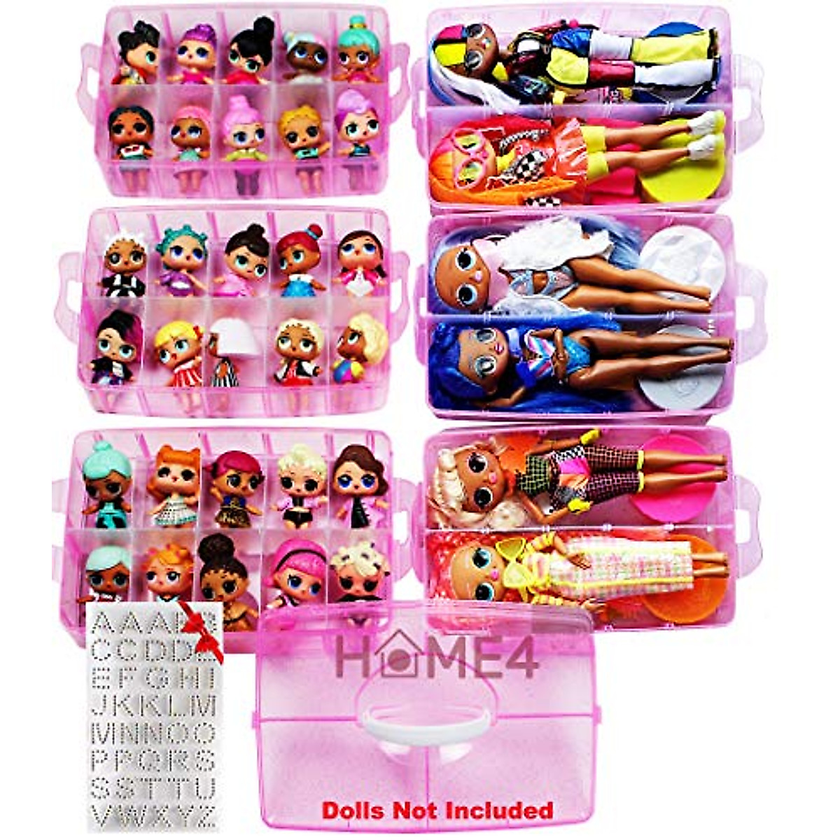 HOME4 No BPA 60 Adjustable Compartments 6 Layers Stackable Storage Container Organizer Carrying Display Case, Compatible with Surprise Small Toys LOL, Shopkins, OMG Barbie (Dolls Not Included) (Pink)