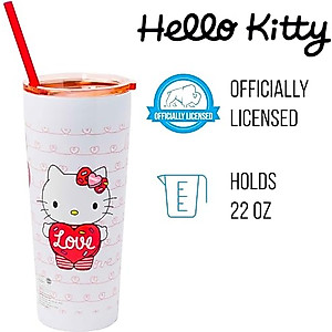 Silver Buffalo Sanrio Hello Kitty Heart Balloons Double Walled Stainless Steel Tumbler with Straw, 22 Ounces