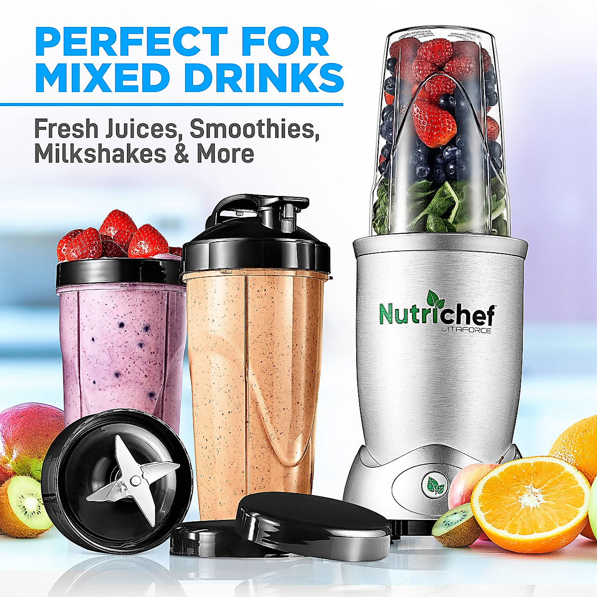 NutriChef Personal Electric Single Serve Blender - 1200W Professional Kitchen Countertop Mini Blender Shakes and Smoothies w/ Pulse Blend, Convenient , Portable 10 & 24 Oz Cups - NutriChef NCBL12