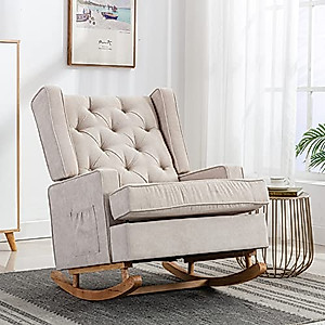 Dolonm Nursery Rocking Chair Upholstered Mid Century Modern Rocker Oversized Wingback Armchair for Living Room with Solid Wood Base (Beige)