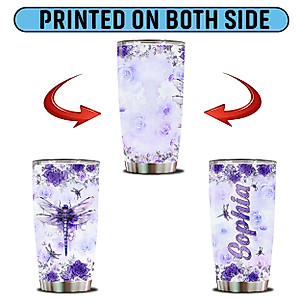 WONWIX Personalized Dragonfly Coffee Mug Cups Gifts For Women Unique Mom, Purple Dragonflies Water Bottle Mothers Day Birthday Christmas Valentine 20oz Stainless Steel Thermos Tumbler Cup With Lid