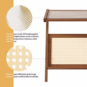 RêveLife Rattan End Table with Magazine Rack Glass-top Bamboo Sofa Side Table Accent Bedside Nightstand Boho Z Shaped Coffee Table for Bedroom Living Room Small Space, Walnut