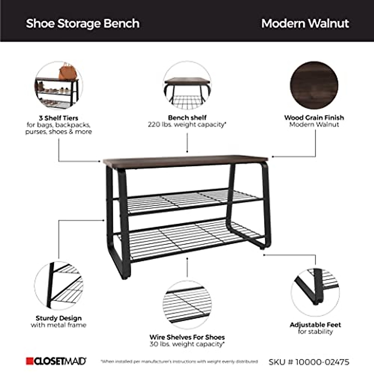ClosetMaid 3-Tier Shoe Rack Bench - Metal Frame, Wire Shelves, Wood Seat - Entryway, Hallway, Living Room, Mudroom Organizer - Modern Walnut Finish