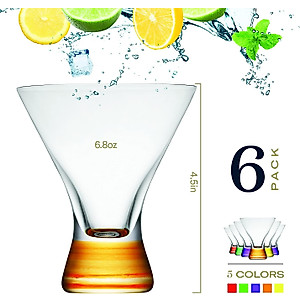 Beneti Martini Glasses | Made In Europe | Stemless Cocktail Bar Drinking Glassware Set for Parties (6 Pack - 8 oz - Multi Colored)