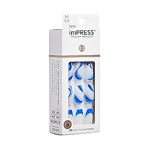 KISS imPRESS Press-On Manicure Fake Nails, Medium Coffin, Mesmerize, Blue, Comfortable, Super Hold Adhesive, No Glue/Polish, Chip Proof, No Dry Time, Smudge Proof, Waterproof | 30 Count