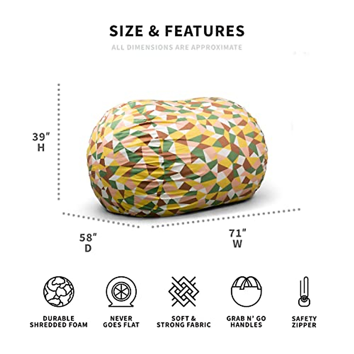 Big Joe Fuf XXL Foam Filled Bean Bag Chair with Removable Cover, Retro Geo Plush, 6ft Giant