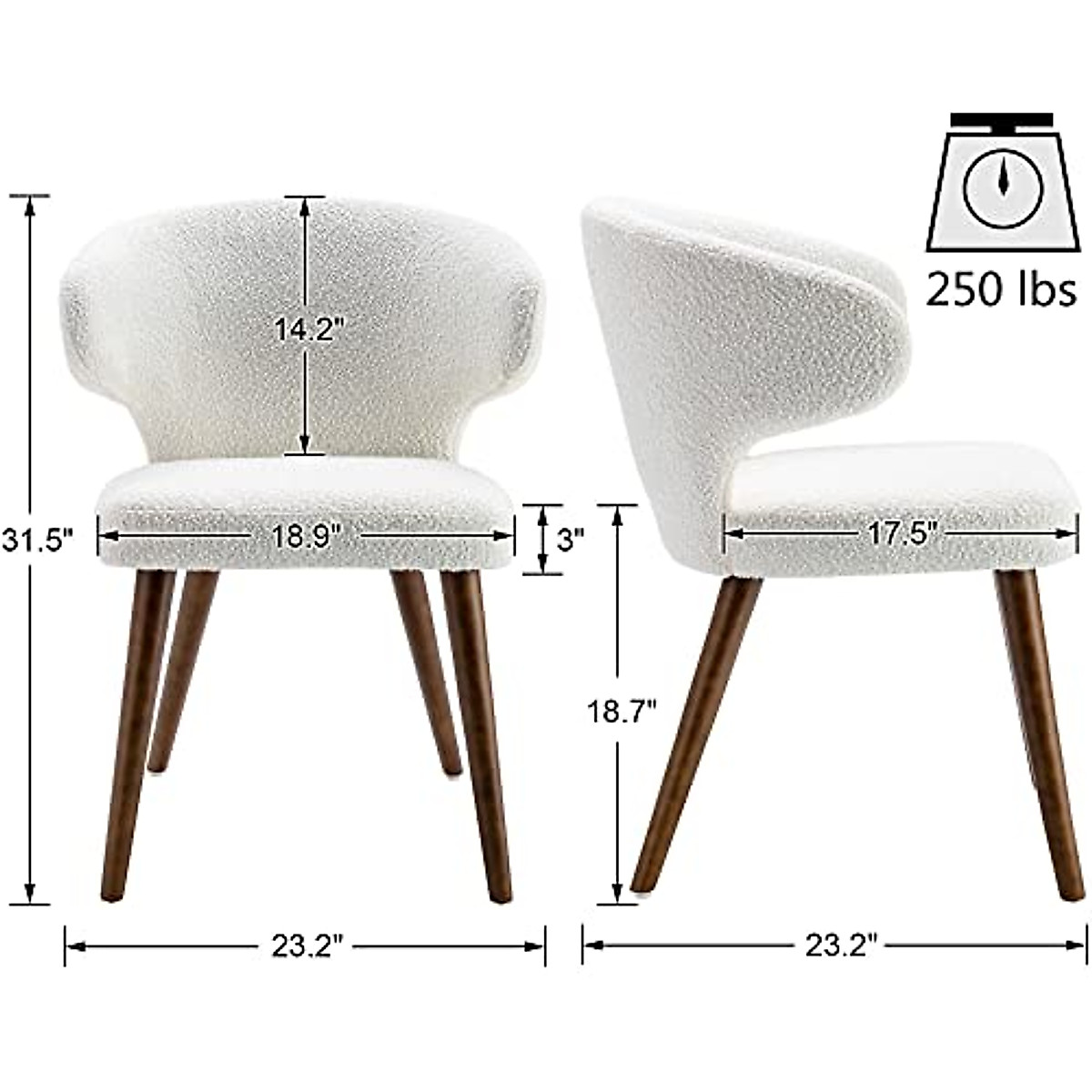 VESCASA Sherpa Modern Dining Chairs with Wood Legs, Upholstered Curved Back Side Chairs for Dining Room/Living Room, Set of 4, White