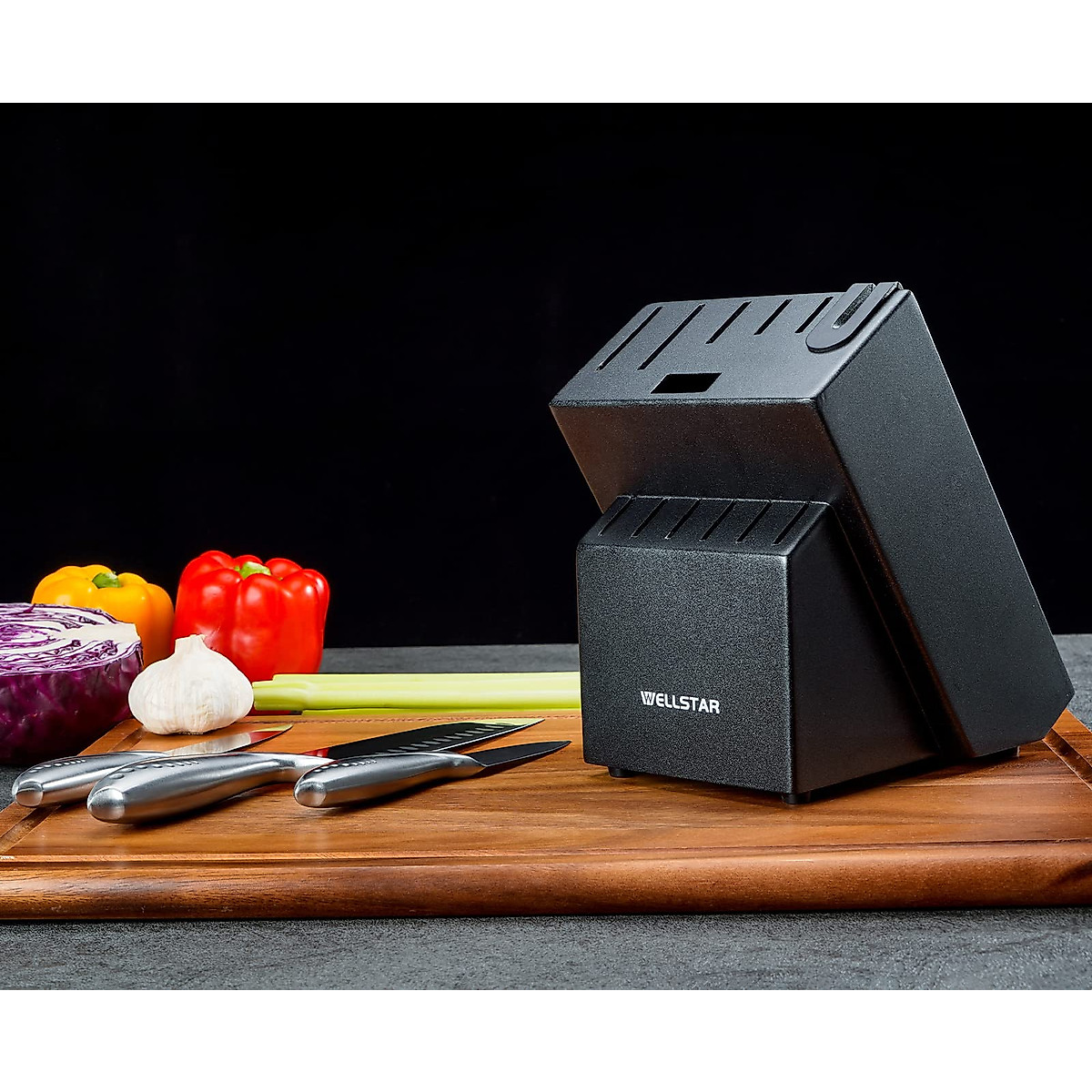 12 Slot Kitchen Knives Block, WELLSTAR Natural Wood Knife Holder without Knives – Hard Wood Countertop Knife Storage with Built-in Knife Sharpener - Black