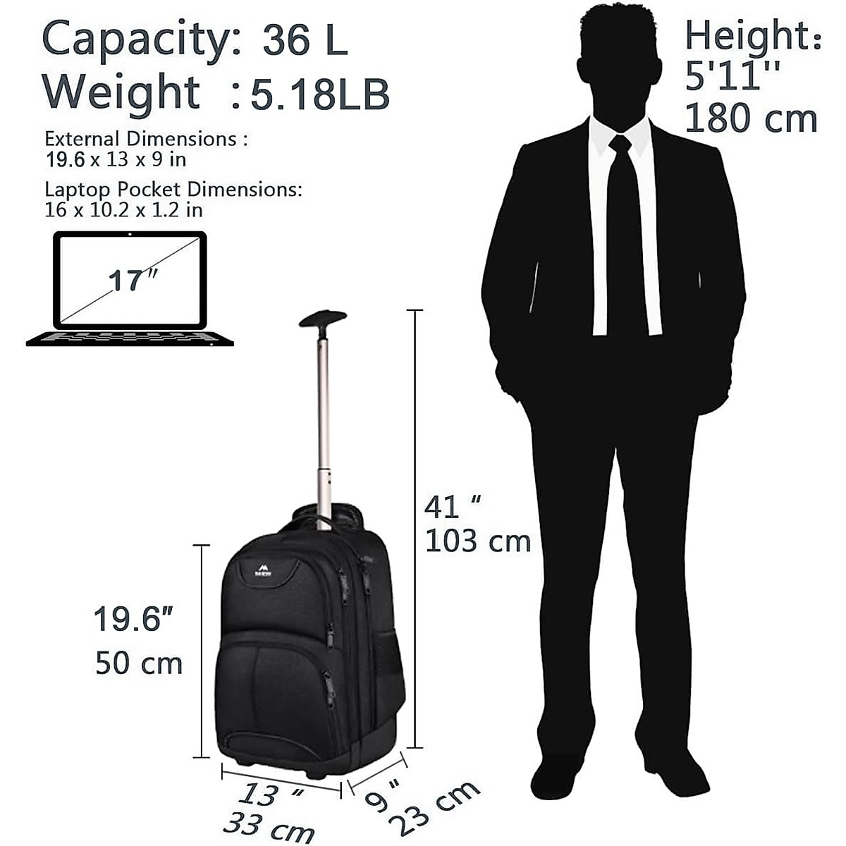 Rolling Backpack, MATEIN 17 inch Water Resistant Wheeled Laptop Backpack, Carry on Luggage Business Bag, College Student Computer Bookbag Trolley Suitcase for Men Women Adults to Travel, Black