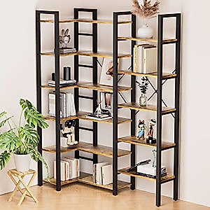oneinmil Triple Wide 6-Shelf Bookcase Industrial Vintage Wood Style Large Open Bookshelves for Home&Office, Rustic Brown (6 Tier, Rustic Brown)