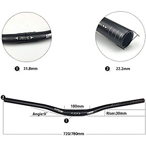 Wake 31.8mm MTB Mountain Bike Handlebar, Aluminum Alloy Mountain Bike Bicycle Riser Handlebar Extra Long 720/780mm with Paint Matte Surface (Black, 720mm)