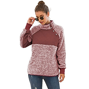 VIISHOW Women Long Sleeves Color-block Asymmetrical Paneled Long Sleeve Sweatshirt Pocket Sherpa Fleece Pullover Coat Jujube Red XX-Large
