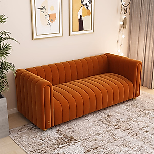 Velvet Couch Sofa Loveseat, 81.3 Wide Mid Century Modern Couch Small Spaces Love Seat Tufted Chesterfield Velvet Sofa Futon with Gold Leg, Comfy 3 Seat Deep Sofas Couches for Living Room (Orange)
