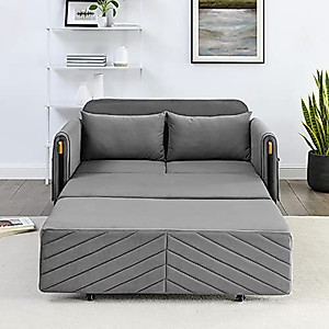 CALABASH Sofa Bed,Pull Out Couch Bed Sleeper Sofa,54" Modern Convertible Velvet Loveseat with 2 Pillows and Side Pockets, Small Love seat Sofa Bed w/Headboard for Living Room, Apartment (Grey)