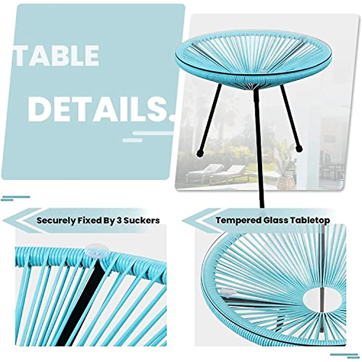 Patiomore 3-Piece Acapulco Chairs Set Rattan Outdoor Furniture Set, All- Weather Patio Conversation Bistro Set with 2 Woven Chairs and 1 Glass Table for Indoor, Balcony, Lawn Garden-Blue