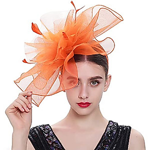 ELLYDOOR Fascinator Derby Hats for Women Large Mesh Veil Fascinator Headband Church Tea Party Pillbox Hat Orange
