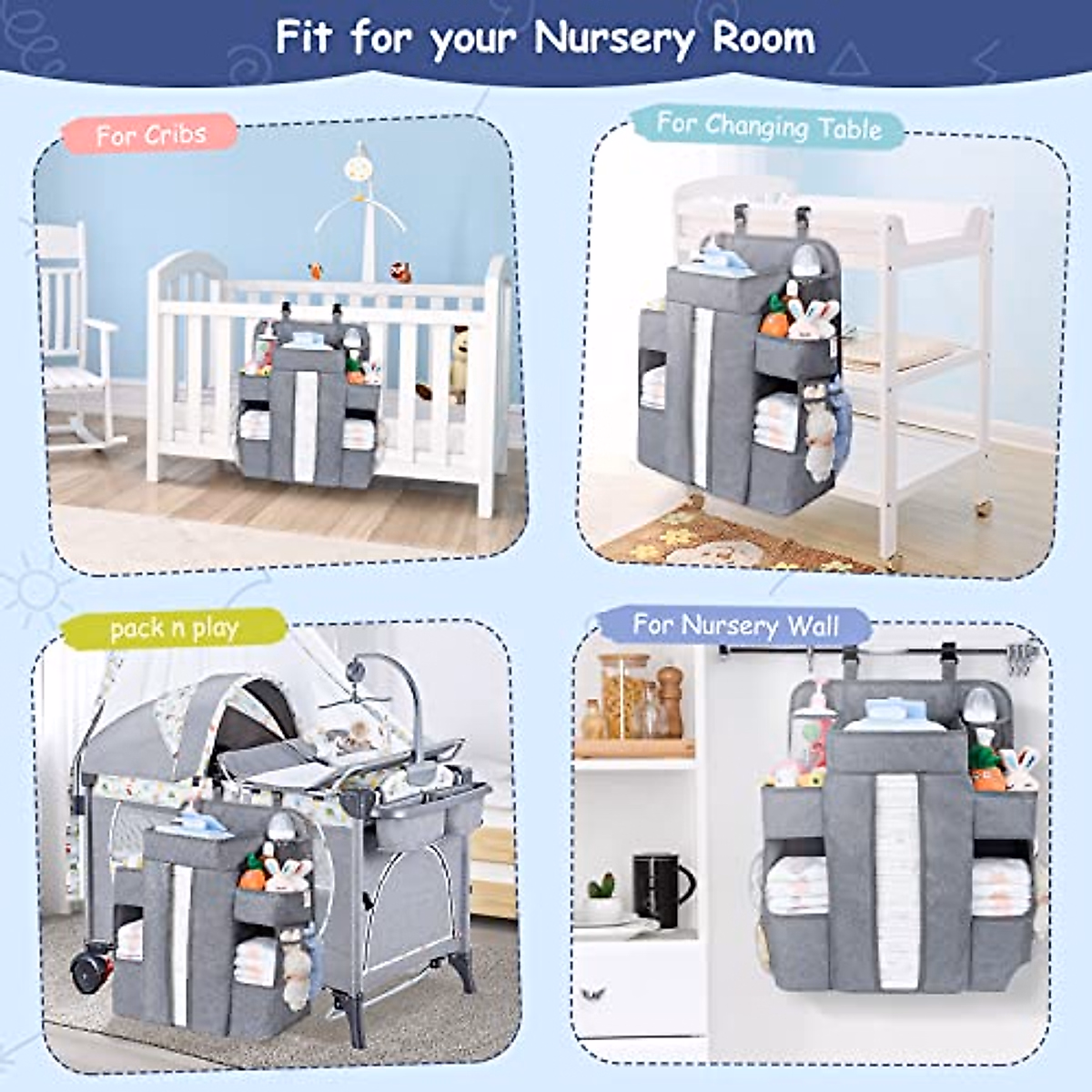 Maliton XL Hanging Diaper Caddy Organizer for Changing Table, Crib Diaper Organizer for Baby Stuff, Pack n Play Nursery Organizer, Baby Accessories for Newborn, Baby Shower Gifts(Grey)