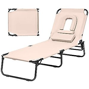 Giantex Outdoor Chaise Lounge Chair - Folding Beach Chair with 5 Adjustable Positions, Hole, Detachable Pillow, Hand Ropes, Lounger for Sunbathing, Poolside, Yard, Patio Lawn Chair (1, Beige)