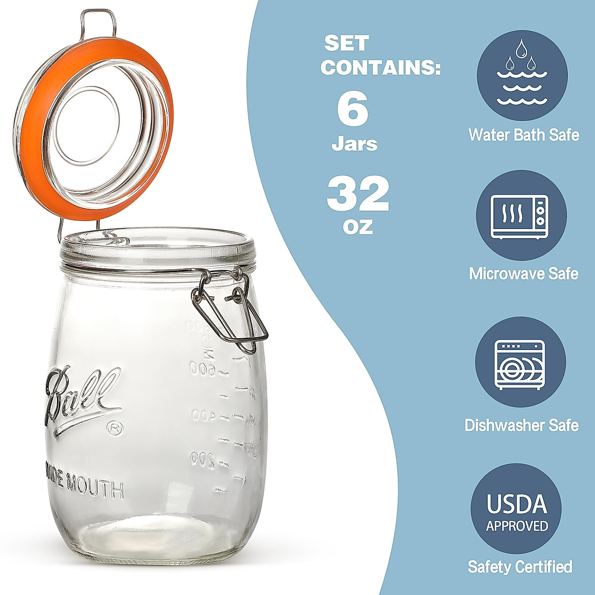 Anwoi Wide Mouth Mason Jars with Airtight Lid 6 Pack 32oz, Kitchen Canning Jar Storage Large Clear Canister Jars with Hinged Lid with Measurement Marks Glass Mason Jars For Canning,Coffee,Sugar,Beans