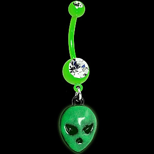 Body Candy Green Plated Steel Navel Ring Piercing Glow in the Dark Alien Dangle Belly Button Ring