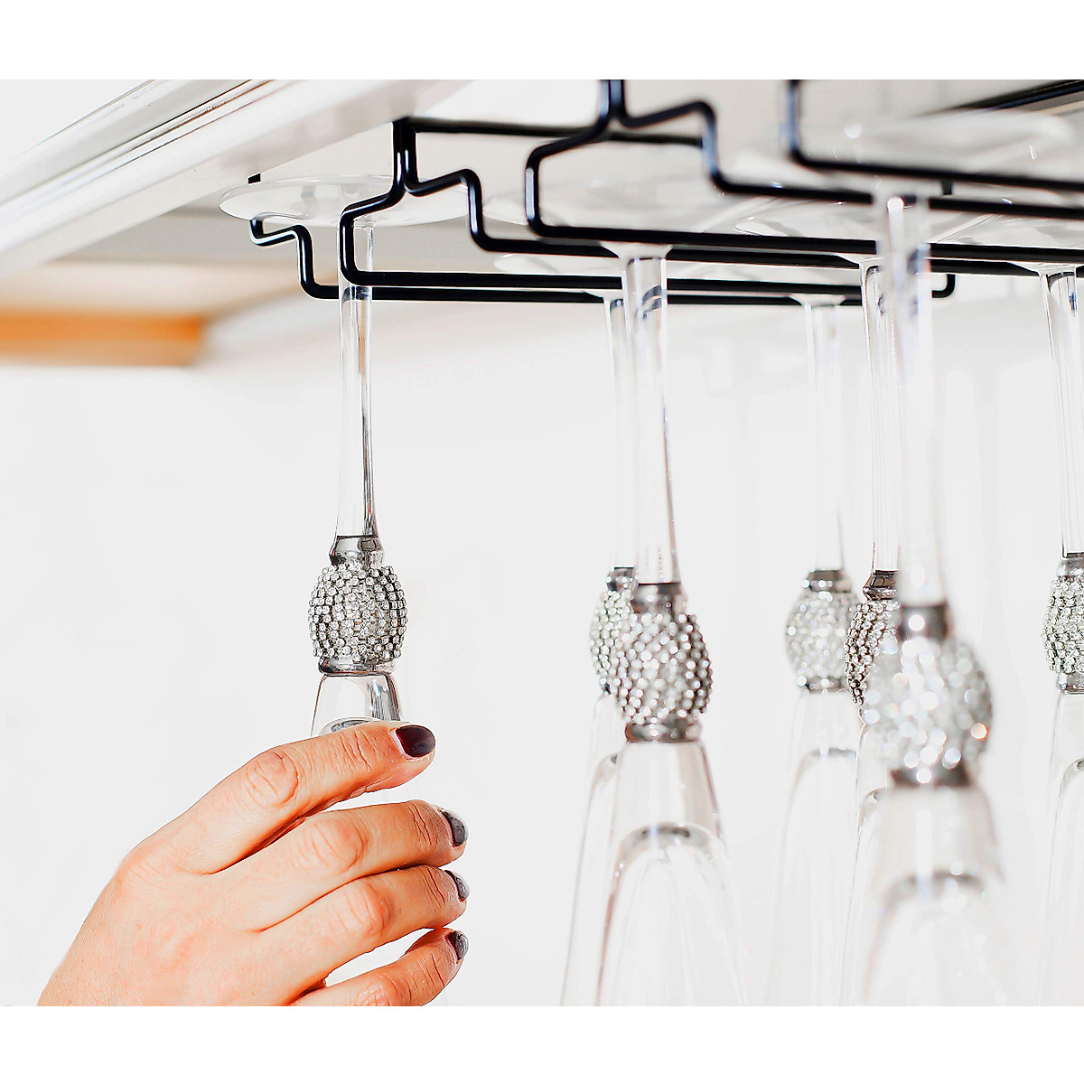 Wine Glass Rack - Under Cabinet Stemware Wine Glass Holder Durable Glasses Storage Hanger Metal Organizer for Bar Kitchen UPGRADED DESIGN Black (3 Rows)