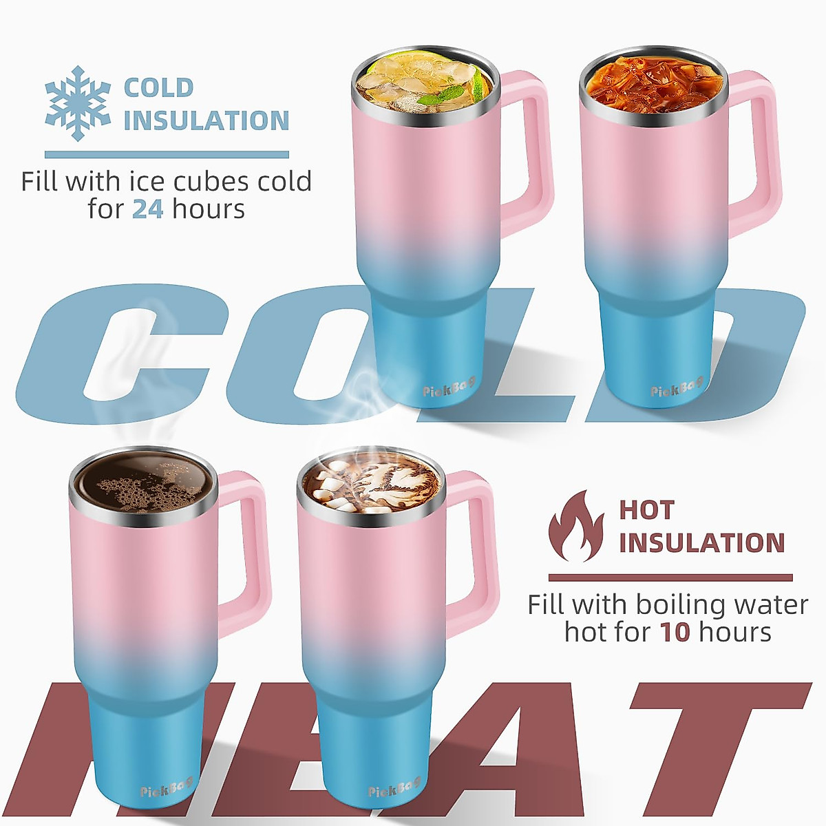 40 oz Tumbler with Handle and Straw Lid, 100% Leak Proof Cup Tumblers, Stainless Steel Insulated Travel Coffee Mug, Keeps Drinks Cold for 24 Hours or Hot for 10 Hours, Cupholder Friendly, PinkBlue