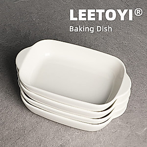 LEETOYI Ceramic Small Baking Dish 7.5-Inch Set of 4, Rectangular Bakeware with Double Handle, Baking Pans for Cooking and Cake Dinner (White)