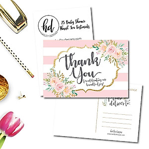 25 Girl Baby Shower Thank You Note Card Bulk Set, Floral Pink and Gold Blank Cute Sprinkle Postcards, No Envelope Needed Stationery Appreciation For Party Gifts, Personalize Printable Cardstock Paper