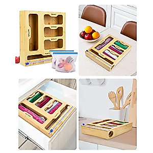 Zgioo Ziplock Bag Storage Organizer for Kitchen Drawer, Storage Bag Organizer with Foil Dispenser, compatible with Quart, Gallon and Snack Bags (1 box 5 slots 1 sliding cutter)