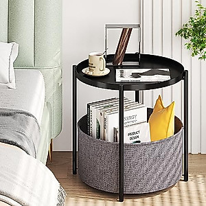 Fixwal End Tables with Fabric Storage Basket, SideTables Bedroom, Metal Small Bedside Table Nightstand with Removable Tray for Living Room, Nursery, Laundry, Black Nightstand