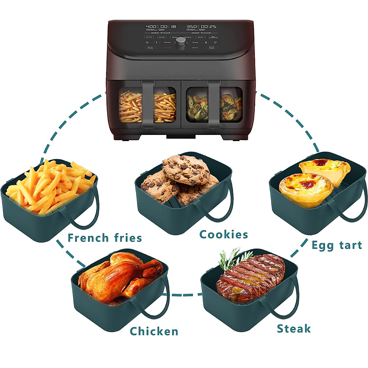 Air Fryer Liner - Ninja Air Fryer 2 Baskets, Reusable Air Fryer Liner for Ninja Foodi Dual DZ201 8QT, Rectangular Air Fryer Silicone Pan for Air Fryer Accessories, Extended Hand Drawer (Dark Green)