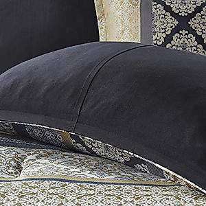 Madison Park Essentials Windsor 24-Piece Room in A Bag Comforter Set-Satin Jacquard All Season Luxury Bedding, Sheets, Decorative Pillows and Curtains, Valance, Queen (90 in x 90 in), Black/Gold