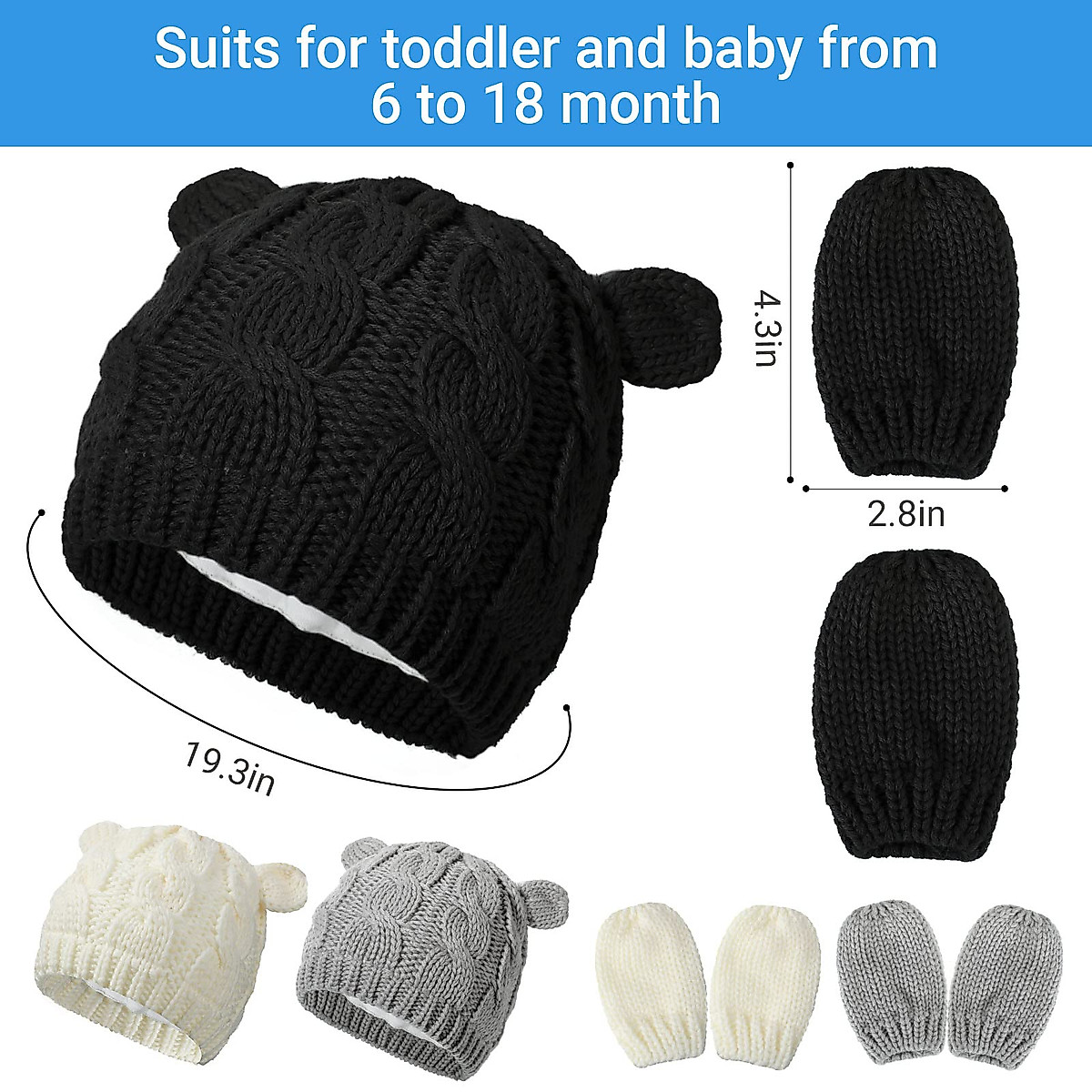 3 Sets Infant Hats Baby Hat and Mitten Set Newborn Baby Hat Baby Beanies Winter Hat Infant Toddler Warm Knitted Hats Gloves ()
