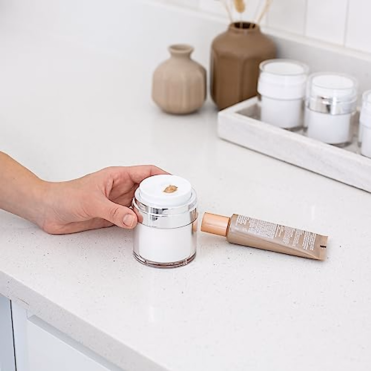 Airless Pump Jar – Air Pump Container for Cream, Lotion, and Gel - 1.7 Ounce Travel Ready Protective Refillable Cosmetic Empty Moisturizer Pump Dispenser Bottle – Silver