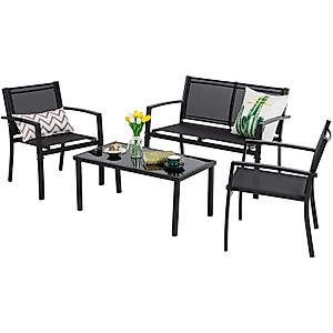 Meilocar 4 Pieces Patio Furniture, Textilene Metal Outdoor Furniture Set, Modern Conversation Set with Loveseat Tea Table, Small Outdoor Patio Chat Set for Backyard, Porch, Lawn and Balcony (Black)