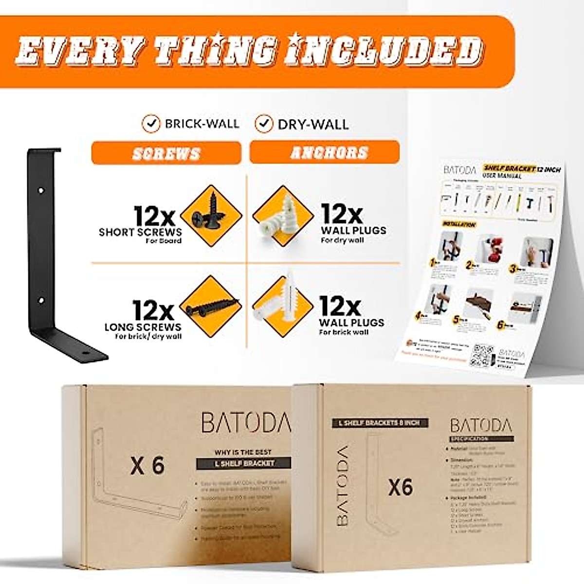 BATODA 12” Shelf Brackets with Lip (Match 11.25" Board) - 6 Pcs J Shelf Bracket Black - Heavy Duty Hook Brackets for Shelves - Wall Mounted Support for DIY - Shelving Hardware Included (Pack 6)