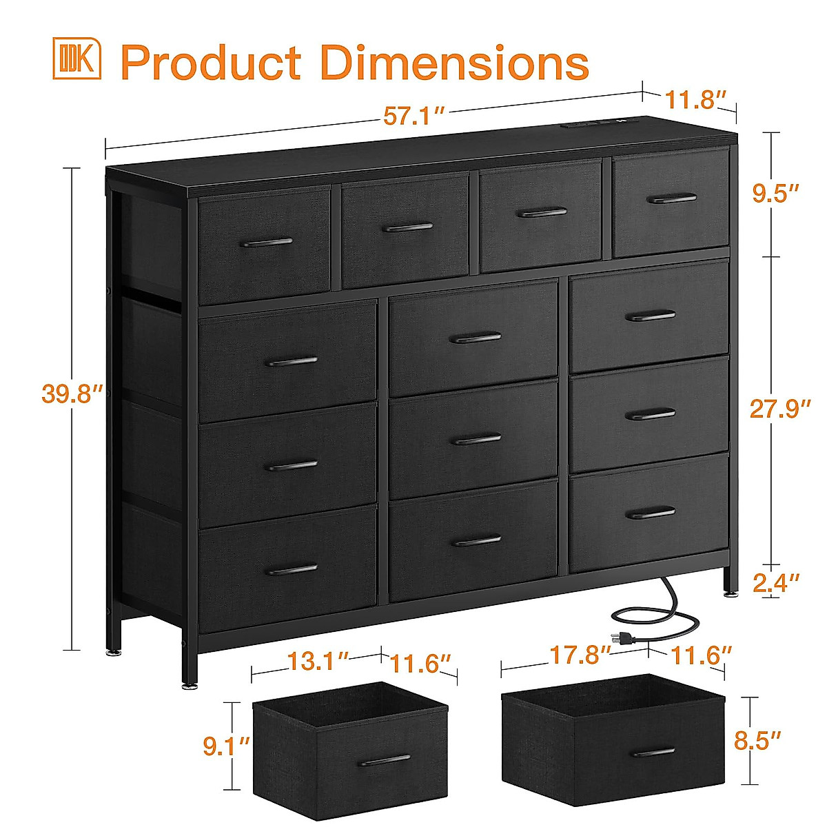 ODK Dresser with Charging Station, 57-Inch Long Dresser for Bedroom, Large Dresser TV Stand with 13 Storage Drawers, Fabric Dresser Chest of Drawers, Black