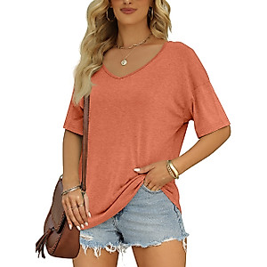 MIROL Women's Half Sleeve T Shirts Fashion V Neck Oversized Loose Tops Solid Casual Basic Blouses Orange