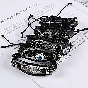 BUSSLANDY Braided Leather Bracelets for Men Women Cuff Wrap Bracelet Stackable bracelet Evil Eye Stars Wings Retro Set Wood Ethnic Tribal Bracelets Adjustable