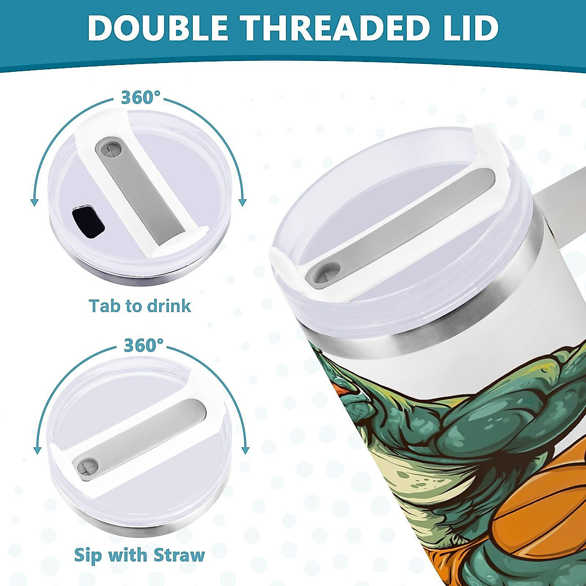 Jihqo Dinosaur Playing Basketball 40 oz Stainless Steel Vacuum Insulated Tumbler with Handle and Straw Lid Reusable Leakproof Water Bottle Double Wall Travel Mug Coffee Cup, Cupholder Friendly