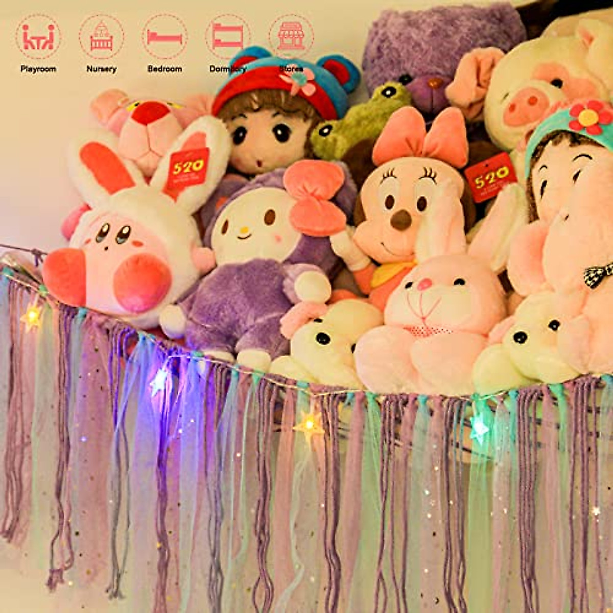 Stuffed Animal Net or Hammock with LED Light, Toy Hammock Hanging Stuffed Animal Storage Organizer Holder Room Décor with Tassels for Nursery Play Room Kids Bedroom (Purple)
