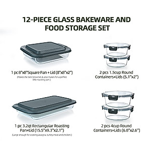 KOMUEE Rectangular Glass Baking Dish with Lids Set & Round Glass Food Storage Containers With Lids Set,Glass Bakeware Set with Lids for Lasagna, Leftovers, Cooking, Kitchen, Fridge-to-Oven,Gray