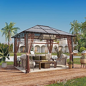 LATTOY 10' X 12' Permanent Hardtop Gazebo, Outdoor Polycarbonate Roof Pavilion Pergola Canopy for Patio, Garden
