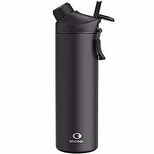 ENCOOL Insulated Stainless Steel Water Bottle with Straw and Spout Lid, Leak Proof, Cupholder Friendly, Double wall, for Sports, Gym, Travel (24oz, Midnight)