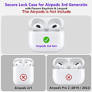 Secure Lock Case for Airpods 3 Case with Cute Flowers Keychain Lanyard,Silicone Protective Case Cover for Airpods 3rd Generation Case Women Girls for Apple iPod 3rd Charging Case 2021 (Blue)
